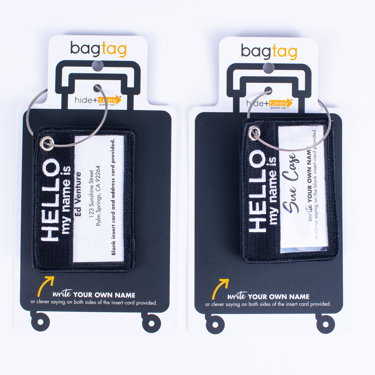 Hello My Name Is Bag Tag-black-double sided - 2 pack – hide+seek SUPPLY CO.